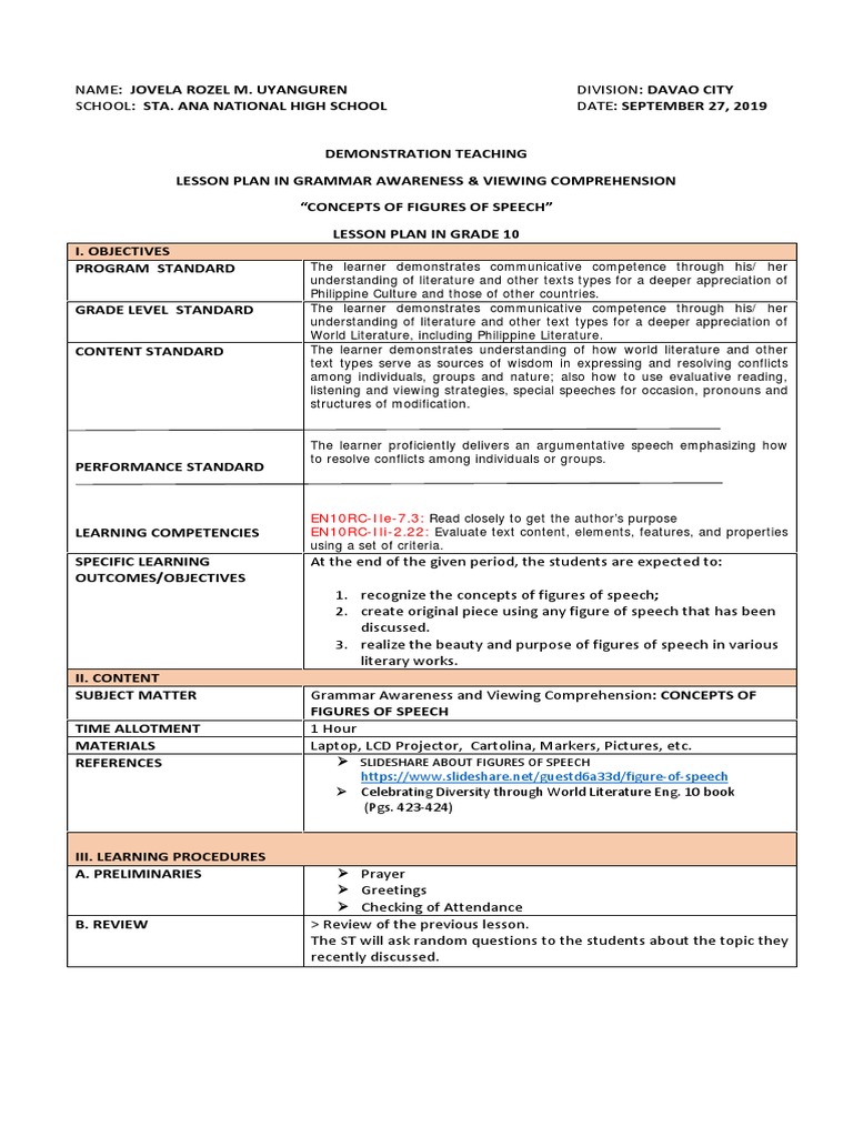 Grade 10 Lesson Plan: Figures of Speech | PDF | Reading Comprehension ...