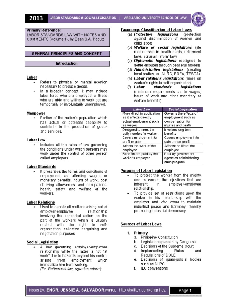 Primary Reference: Taxonomy/ Classification of Labor Laws: Labor ...