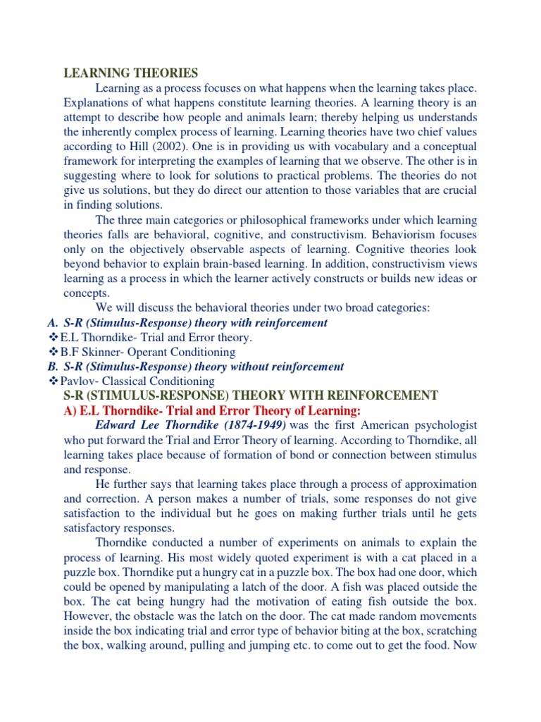 Learning Theories: A. S-R (Stimulus-Response) Theory With Reinforcement ...