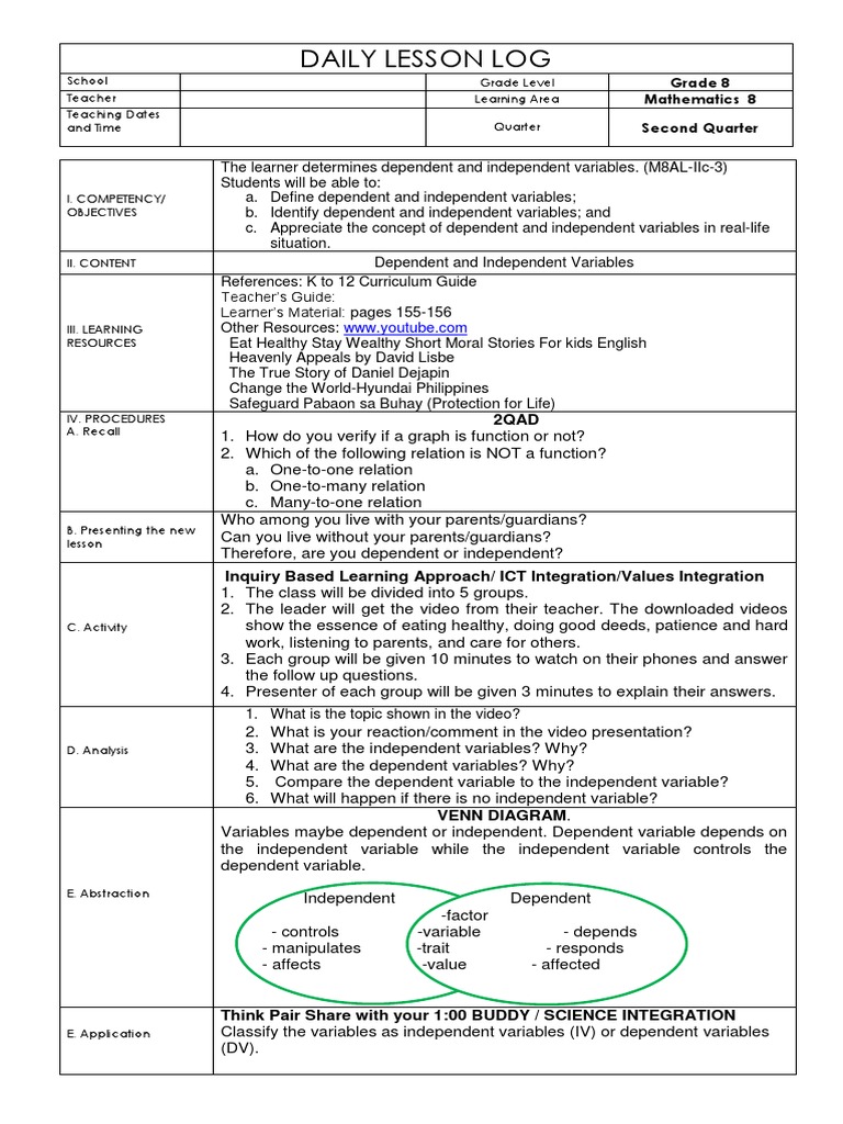 Sample Lesson Plan About Independent and Dependent Variables in ...