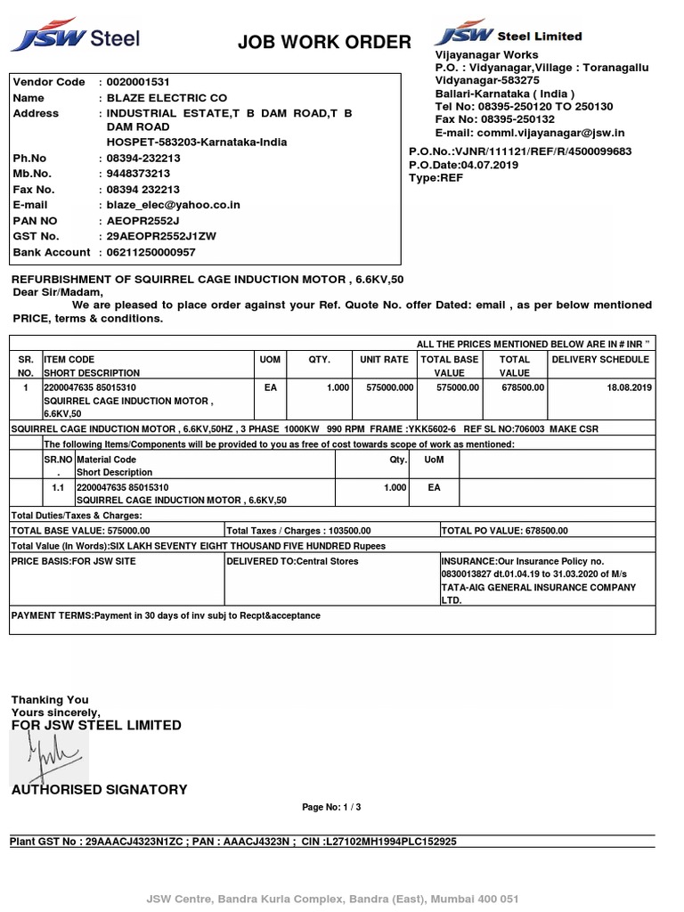 Job Work Order: For JSW Steel Limited | PDF | Business | Economies