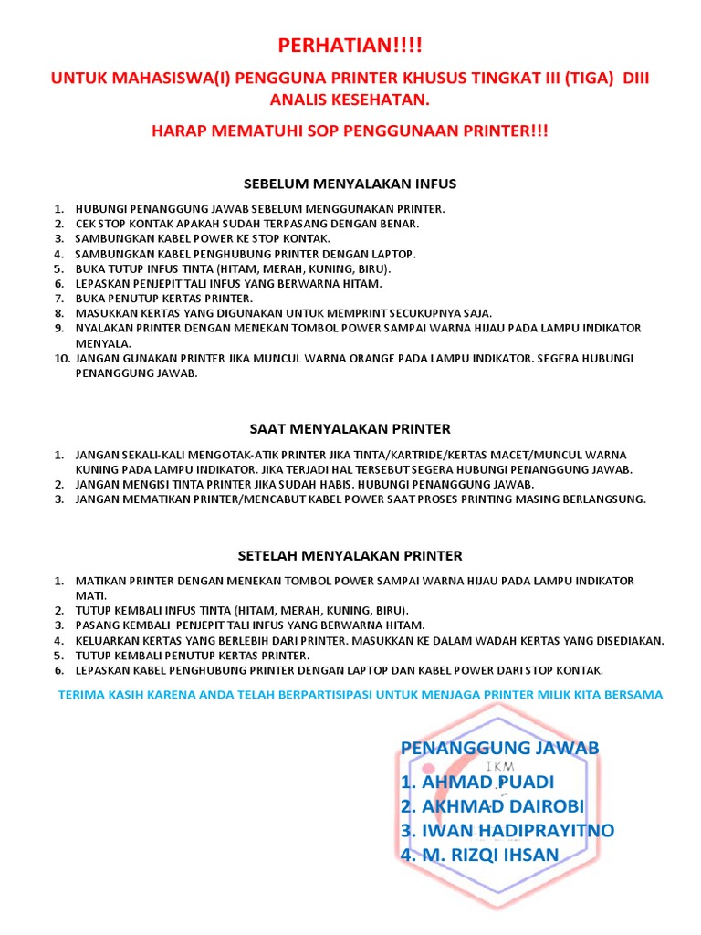 SOP Penggunaan Printer untuk Mahasiswa | PDF | Griya & Taman ...