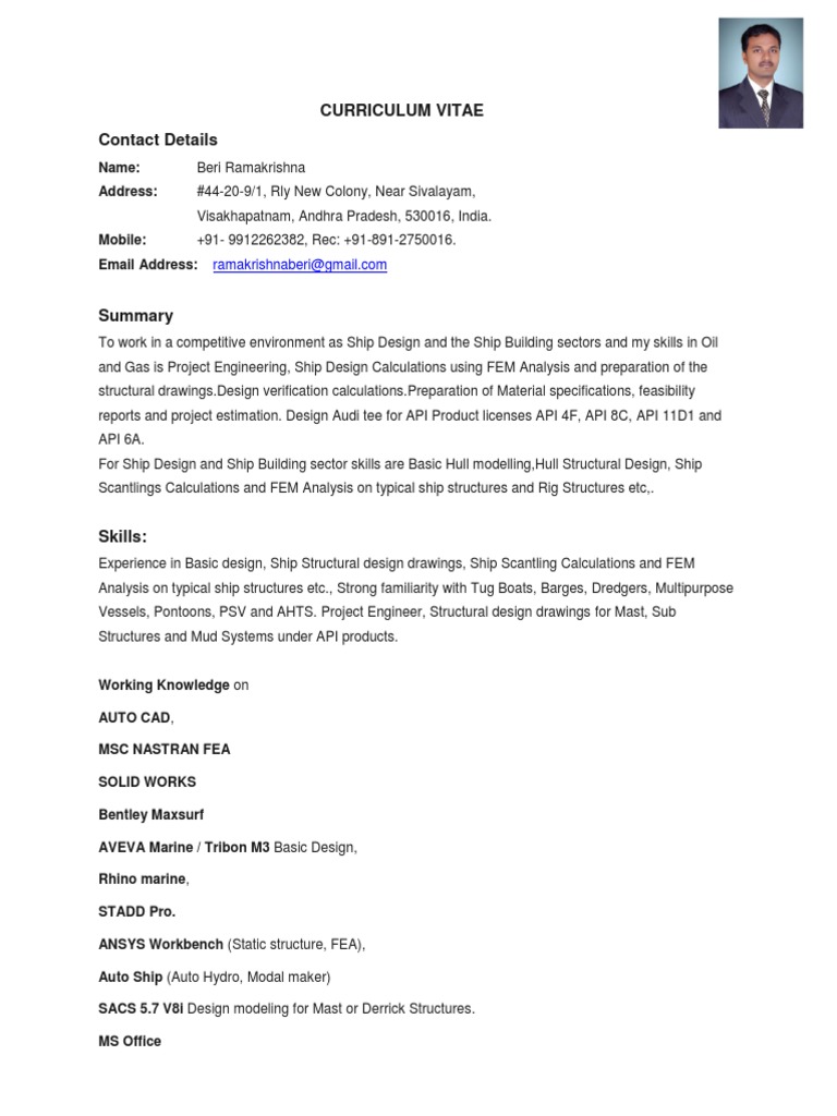 Curriculum Vitae Ramakrishna | PDF | Naval Architecture | Dredging
