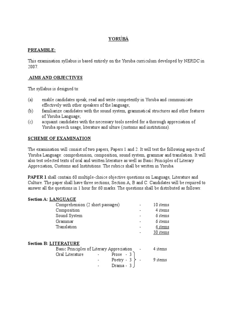 Yoruba WAEC/SSCE Syllabus by Ifiokobong Akpan | PDF | Syllable ... Yoruba WAEC/SSCE Syllabus by Ifiokobong Akpan | PDF | Syllable ...