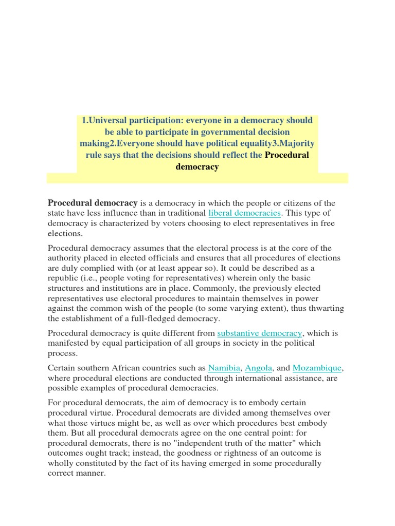 Procedural Democracy Is A Democracy in Which The People or Citizens of ...