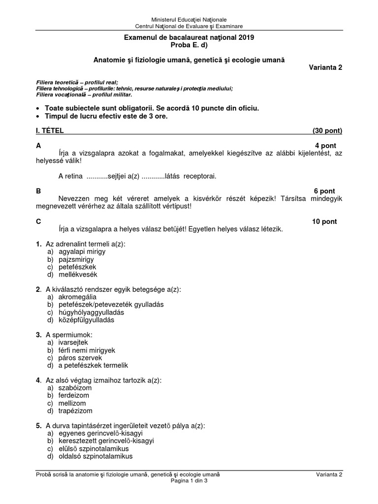 Biologie Limba Maghiara Bac 2019 | PDF