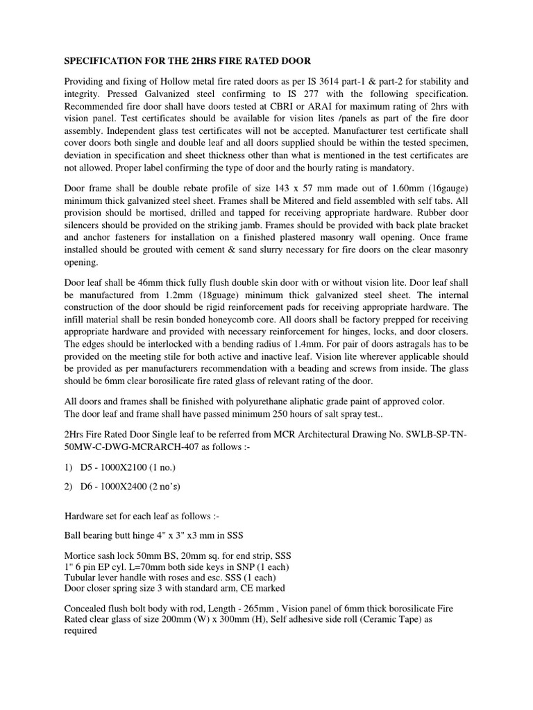 Specification For Fire Rated Door-Annexure I | PDF | Door | Masonry