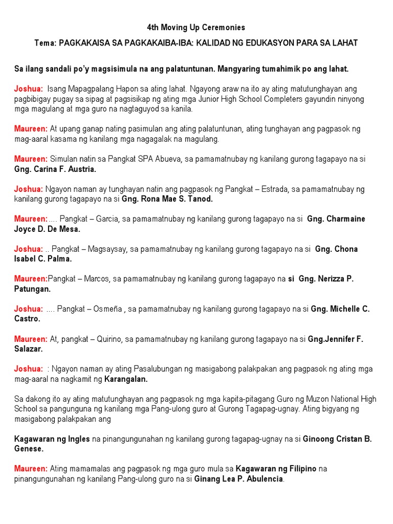 4th Moving Up Ceremonies Script | PDF