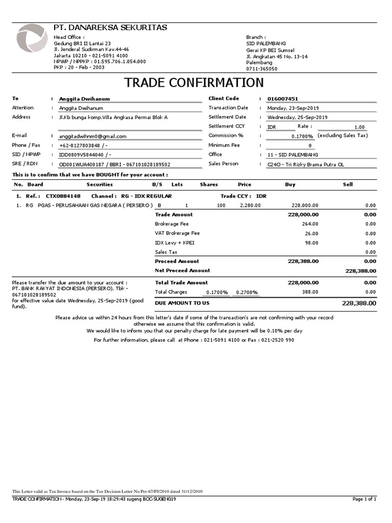 06-TRADE - CONFIRMATION-016007451-Anggita Dwihanum-20190923 PDF | PDF | Taxes | Market (Economics)