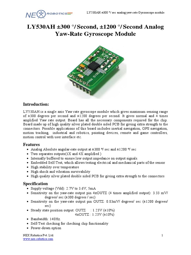 LY530AH 300, 1200 DegreeSecond Analog Yaw-Rate Gyroscope Mod | PDF ...