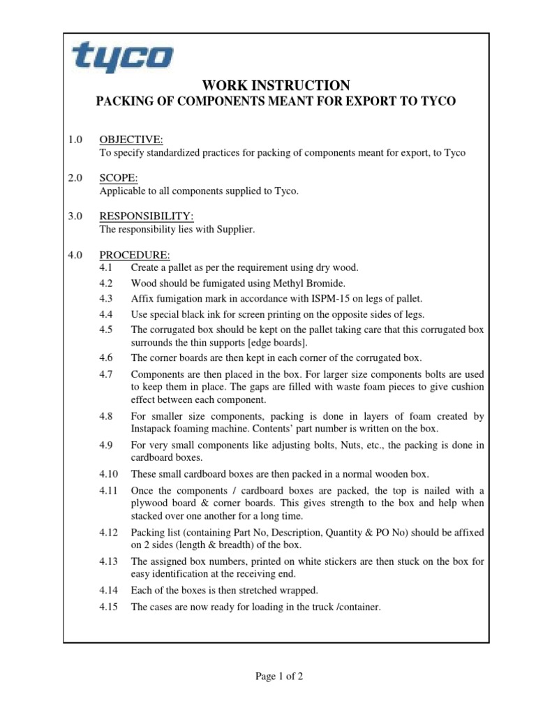 Work Instruction: Packing of Components Meant For Export To Tyco | PDF ...