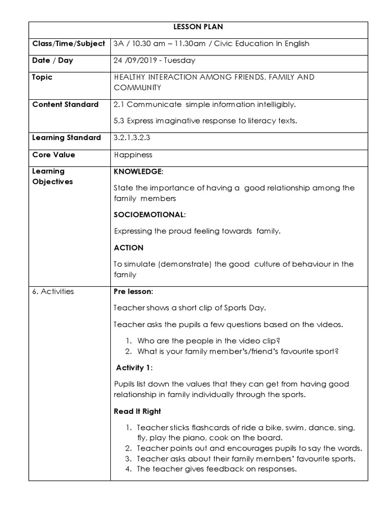 Lesson Plan Class/Time/Subject 3A / 10.30 Am - 11.30am / Civic ...