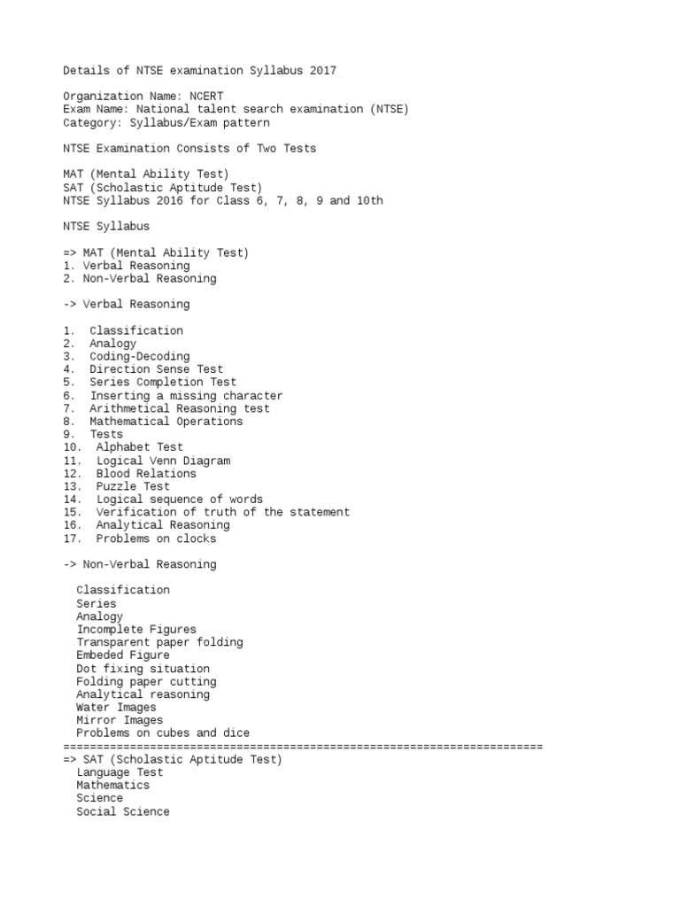 NTSE Syllabus | PDF | Reason | Sat
