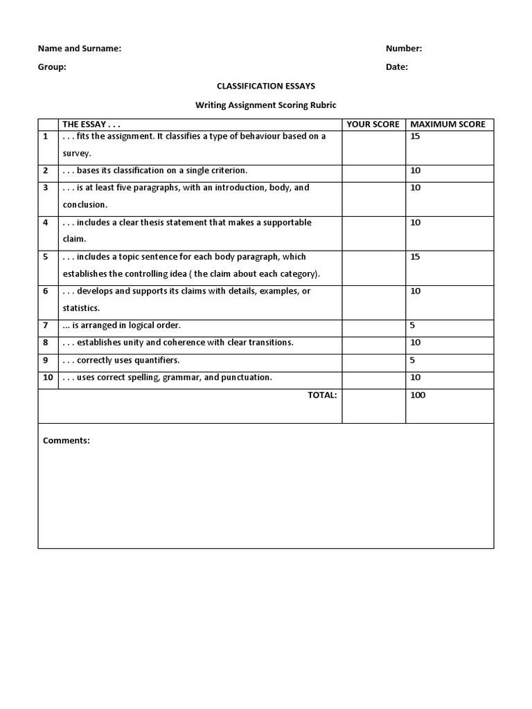Name and Surname: Number: Group: Date: Classification Essays Writing ...