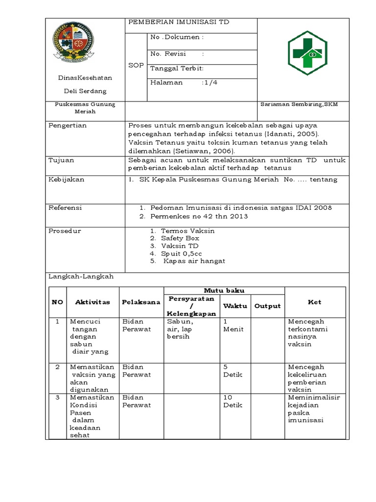 SOP Imunisasi Tetanus di Puskesmas | PDF