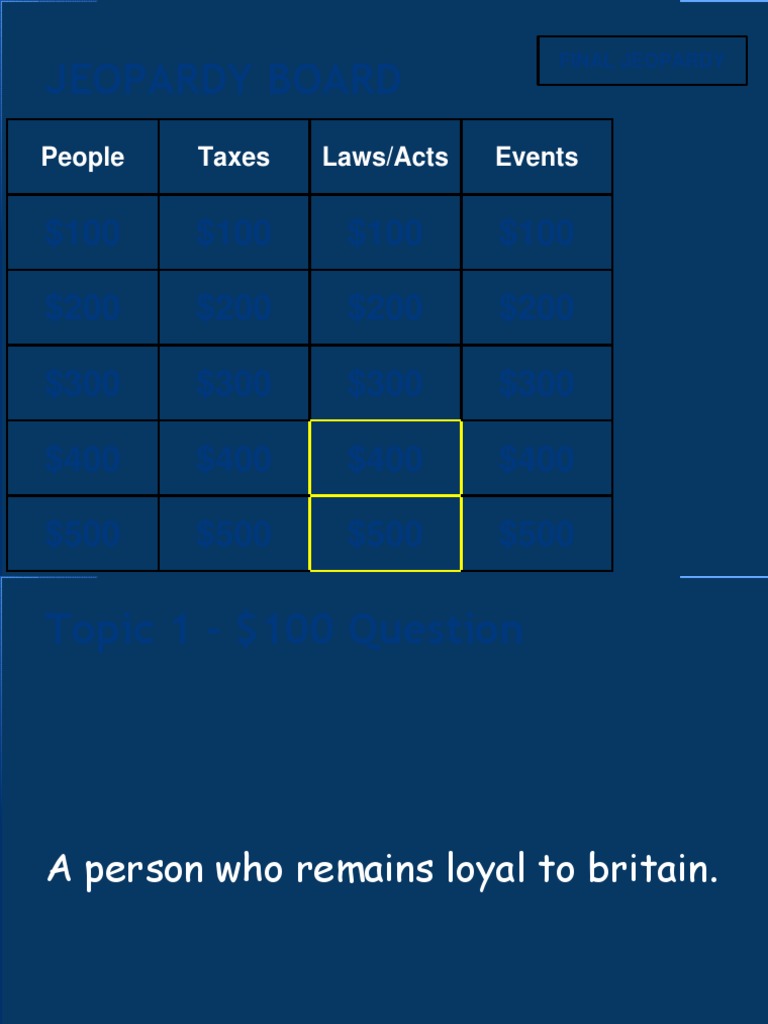 Jeopardy Game Road To Revolution Review | PDF | European Colonization ...