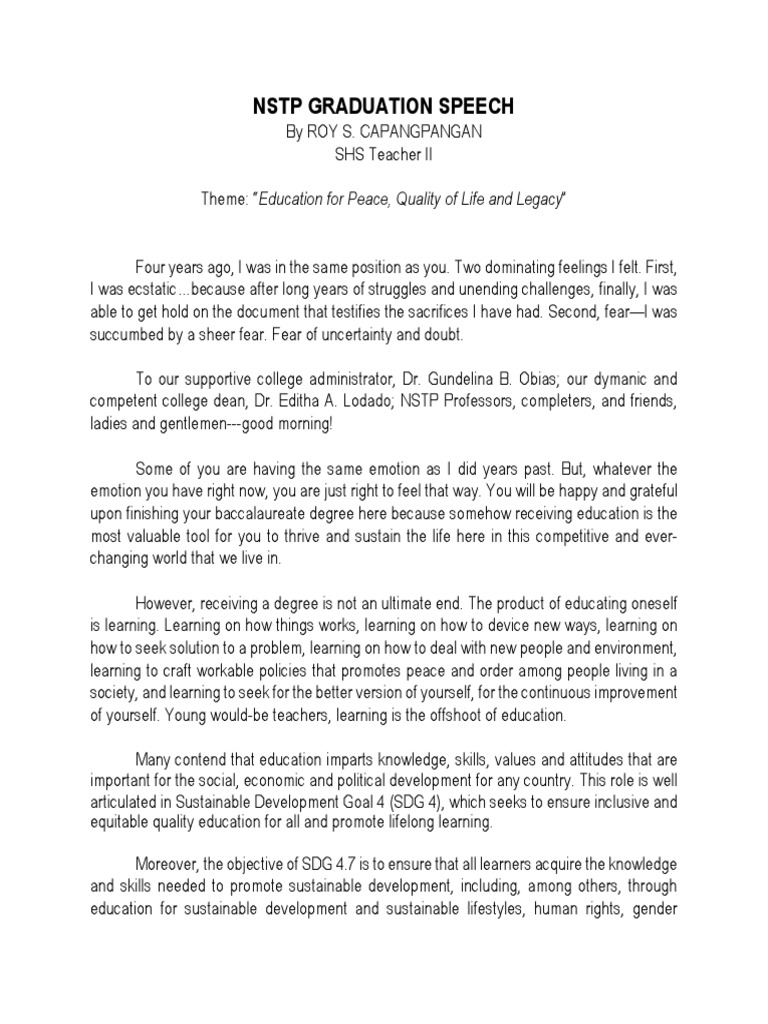 NSTP Graduation Speech | PDF | Sustainable Development | Gender Equality