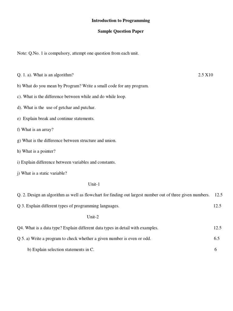 Introduction To Programming Sample Question Paper Pdf Data Type