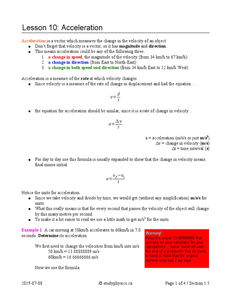 Lesson 10: Acceleration: A Change in Speed | PDF | Acceleration | Velocity