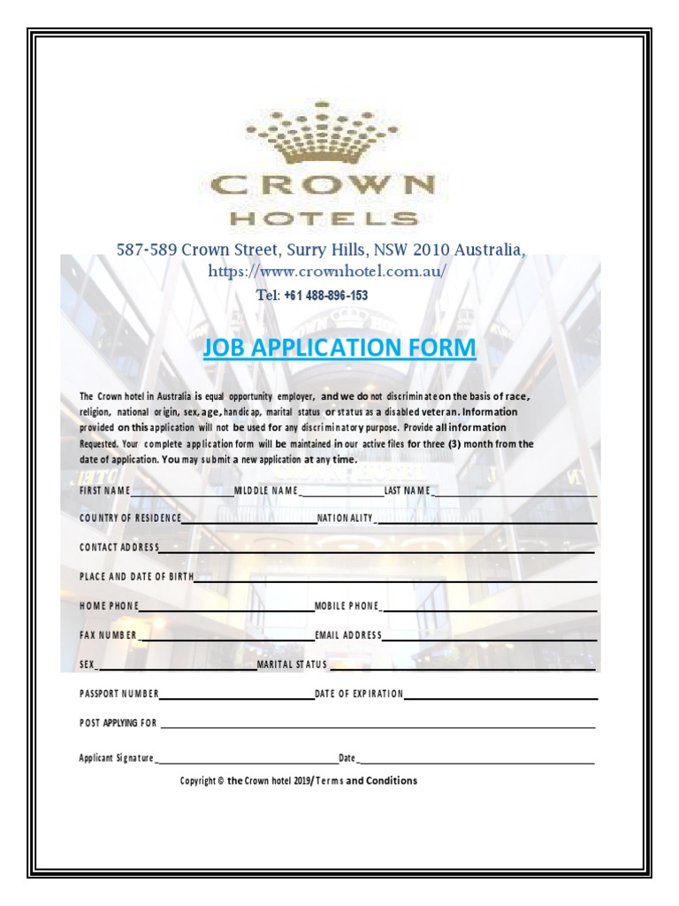 Crown Hotel Job Application & Interview Form PDF | PDF | Information ...