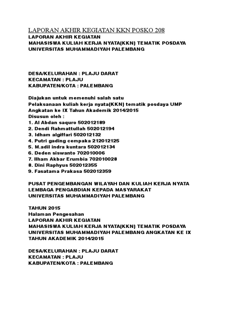 Laporan Akhir Kegiatan KKN Posko 208 | PDF Laporan Akhir Kegiatan KKN Posko 208 | PDF