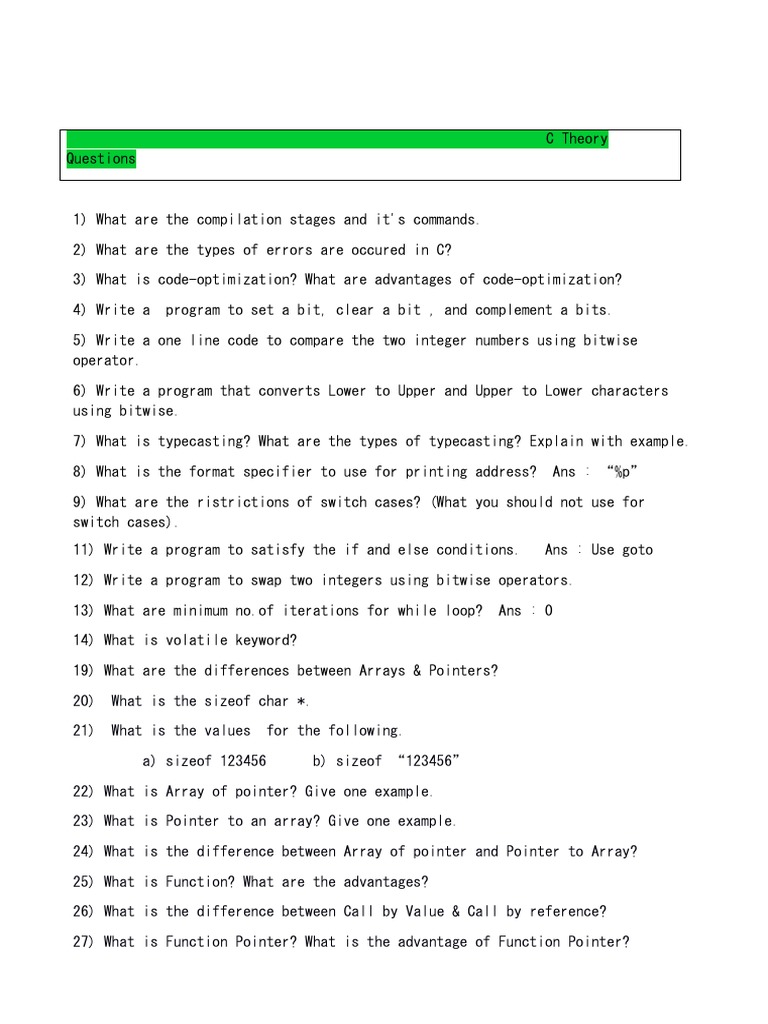 C Theory Questions | PDF | Pointer (Computer Programming) | Subroutine