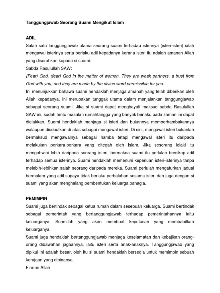 Tanggungjawab Suami Isteri Mengikut Islam | PDF