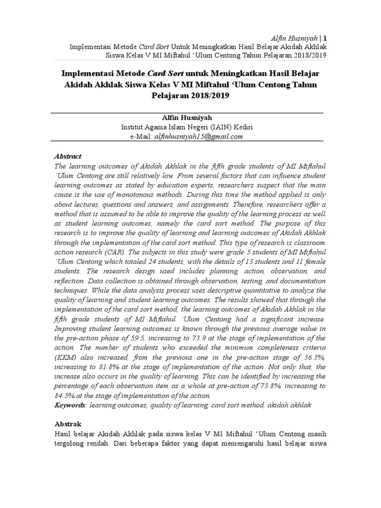 Implementasi Metode Card Sort Untuk Meningkatkan Hasil Belajar Akidah ...