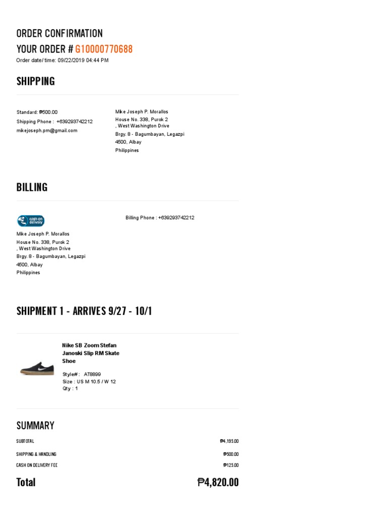 Order Confirmation for Nike SB Shoes | PDF