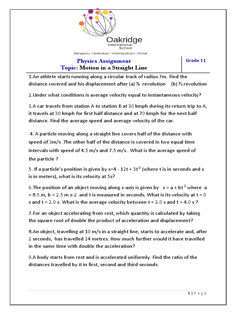 Motion in A Straight Line Class 11 Worksheet | PDF | Acceleration ...