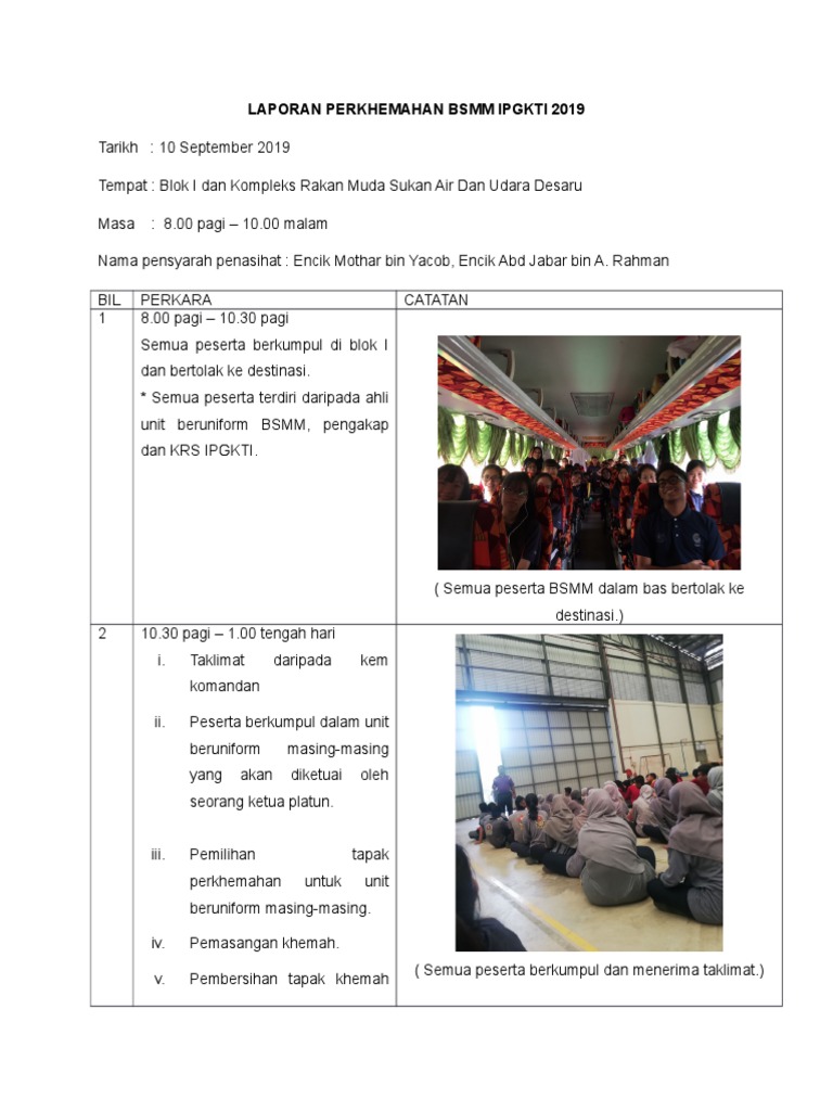 Laporan Perkhemahan BSMM Ipgkti 2019 Hari Pertama | PDF