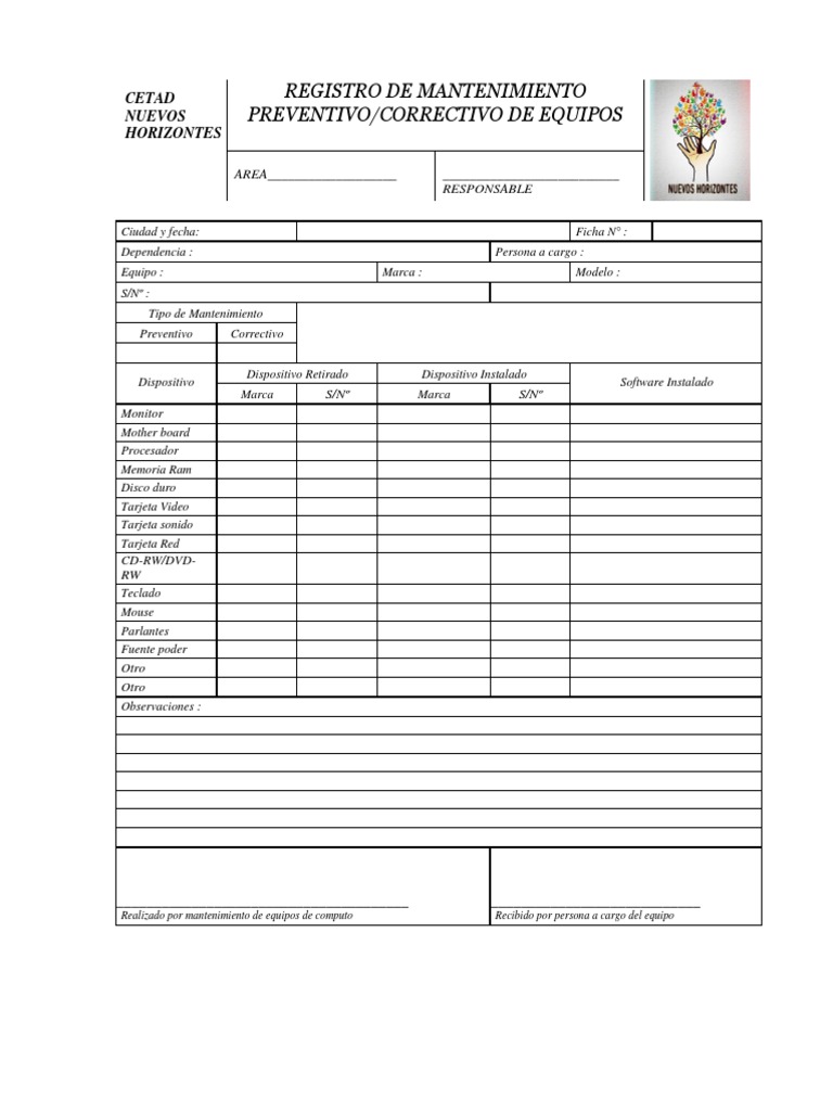 Registro de Mantenimiento de Equipos Preventivo o CorrectiVO