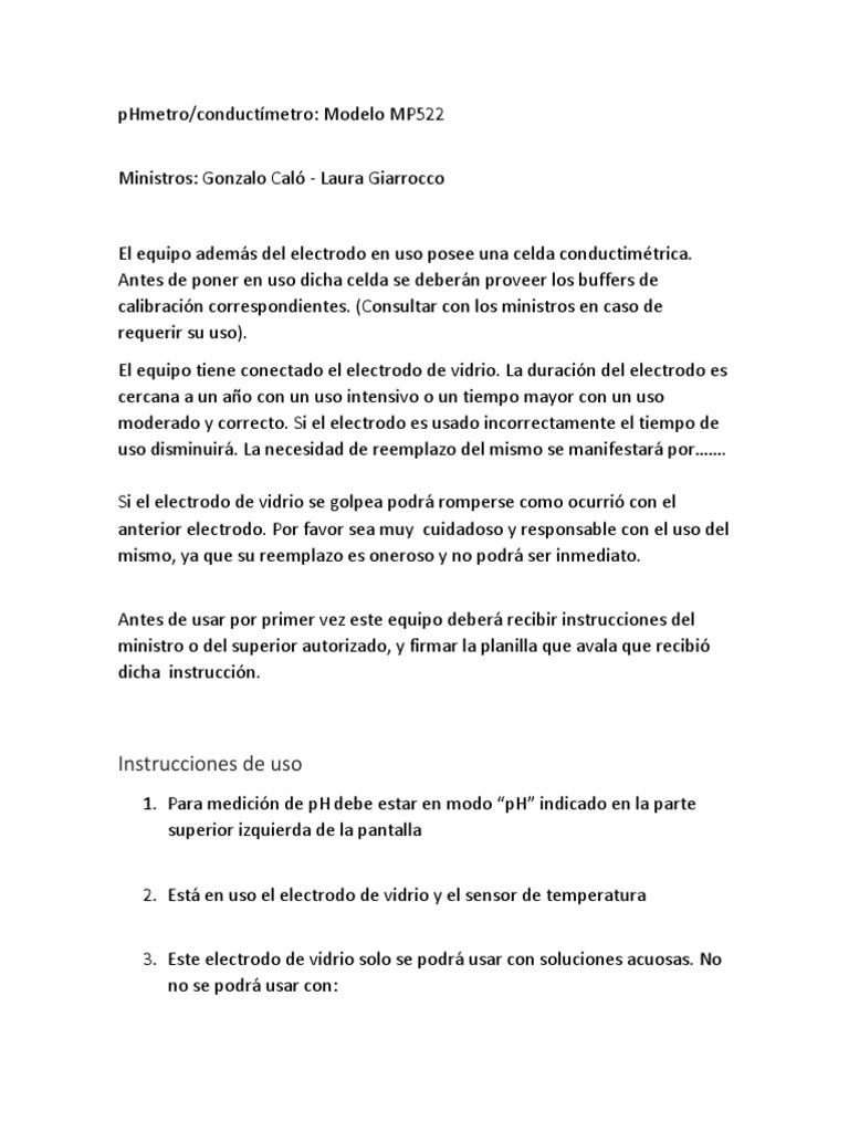 Instrucciones detalladas para el uso adecuado del pHmetro/conductímetro Modelo MP522 | PDF | Ph ...