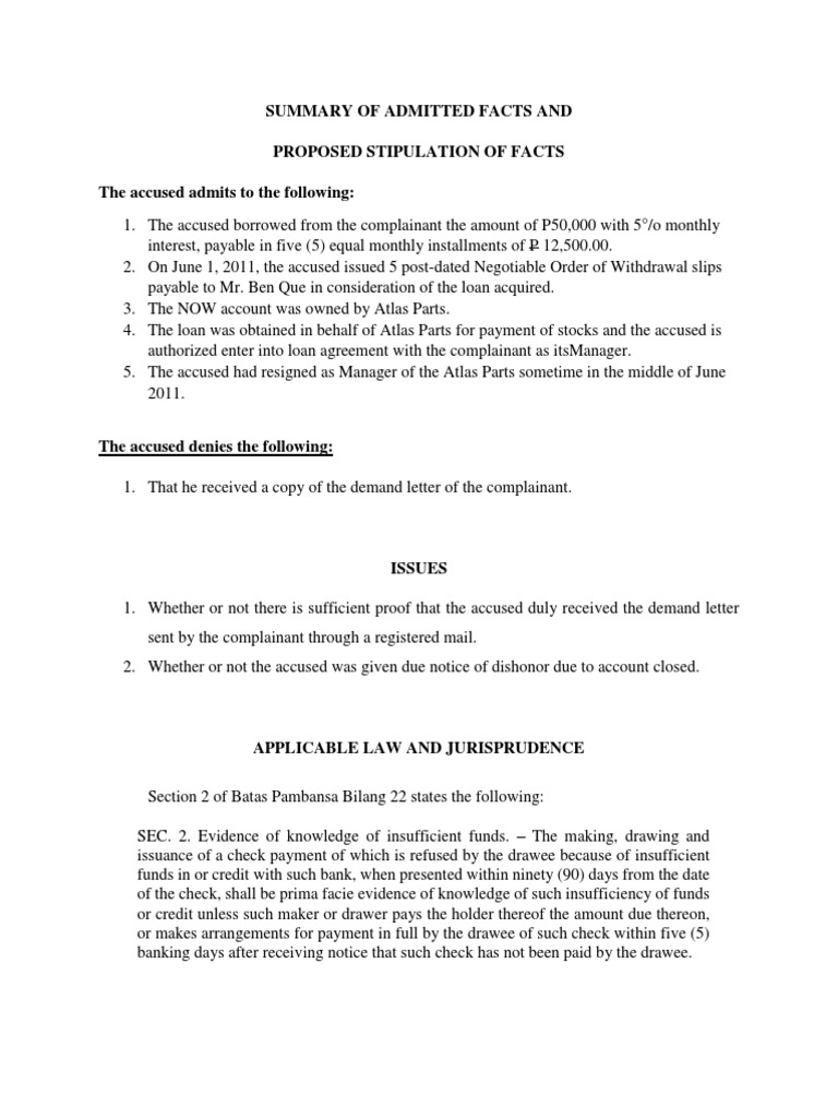 Summary of Admitted Facts and Proposed Stipulation in Check Bouncing ...