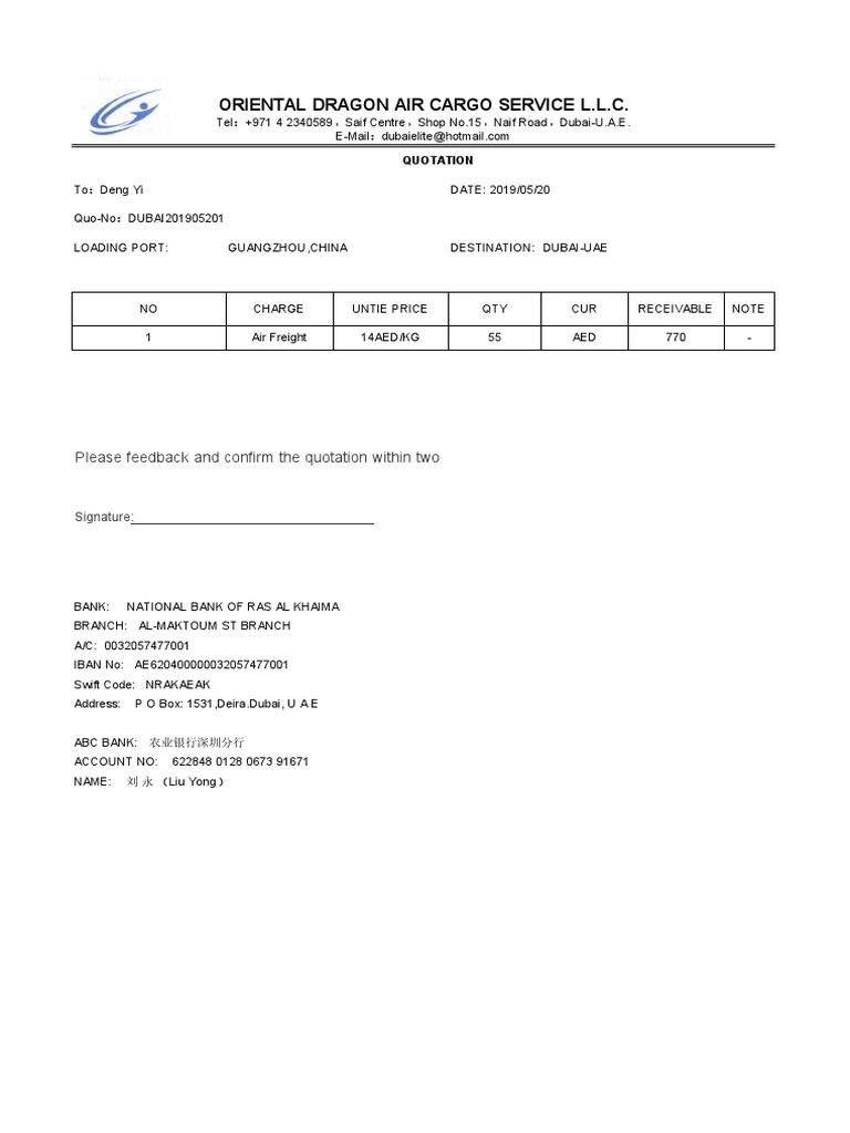 Oriental Dragon Air Cargo Service L.L.C.: Please Feedback and Confirm ...