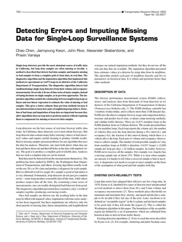 Detecting Errors And Imputing Missing Data For Single Loop Surveillence System Pdf