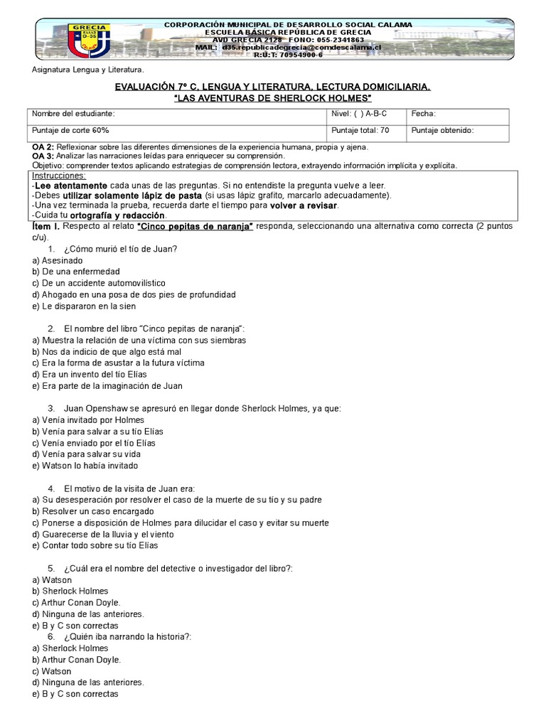 Prueba Sherlock 7C | PDF | Dr. Watson | Sherlock Holmes
