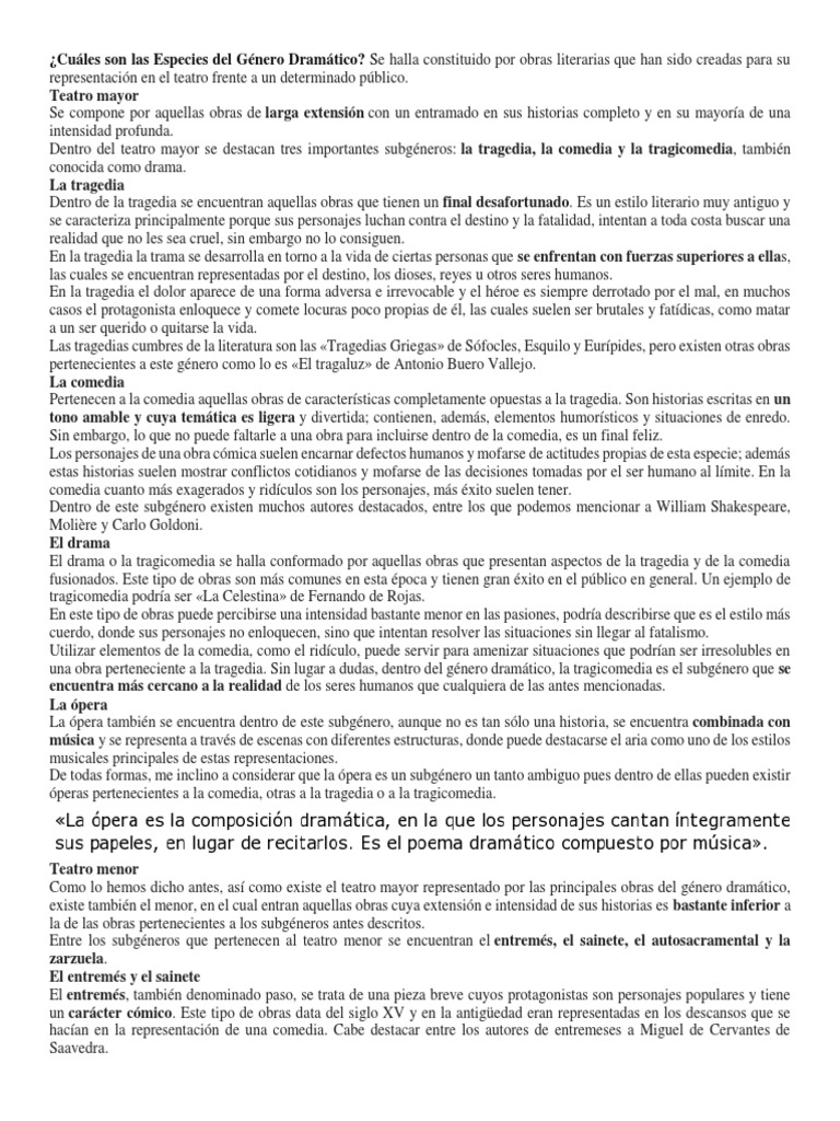Las principales especies del género dramático: tragedia, comedia y ...