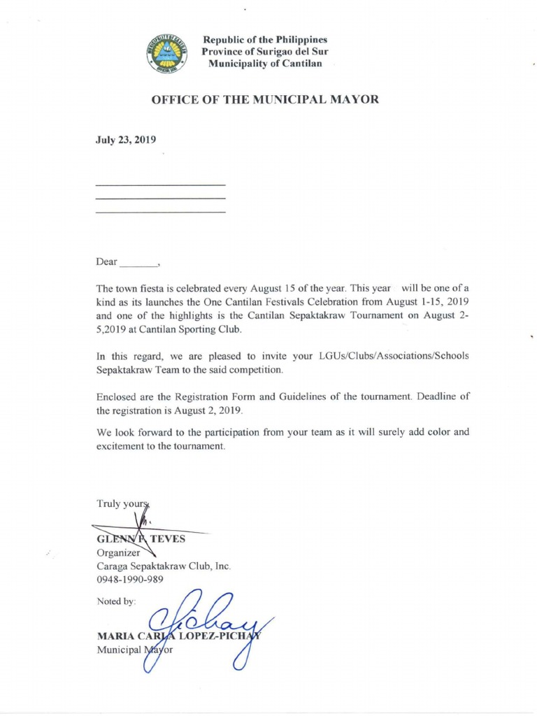 Cantilan Sepaktakraw Tournament Invitation Letter | PDF