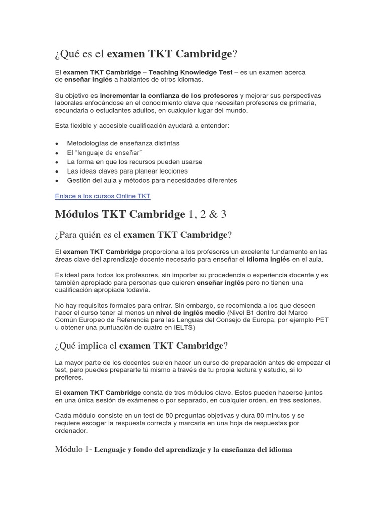 ¿Qué Es El Examen TKT Cambridge? | PDF | Prueba (evaluación) | Aprendizaje