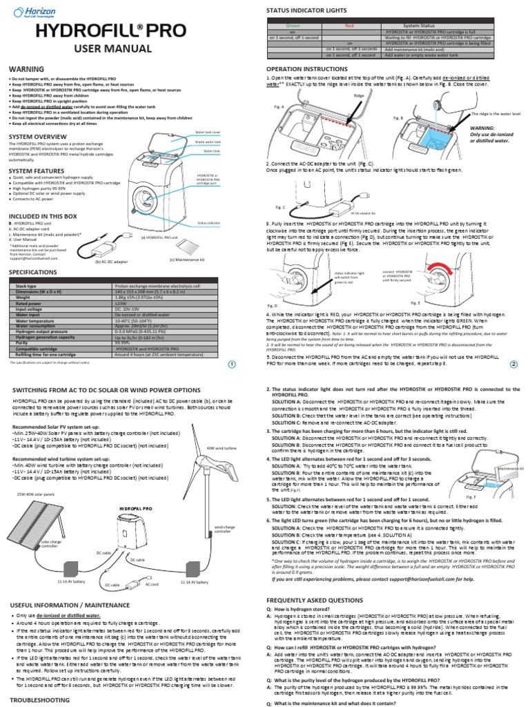 Hydrofill Pro: User Manual | PDF | Hydrogen | Direct Current
