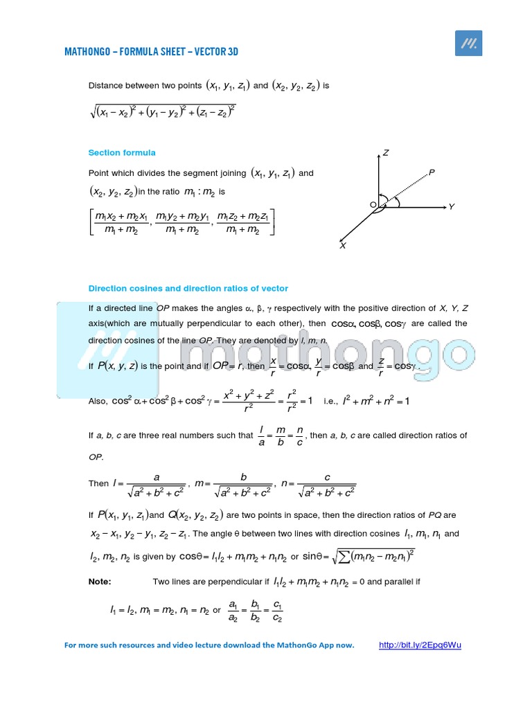 Mathongo - Formula Sheet - Vector 3D | PDF | Line (Geometry) | Plane (Geometry)