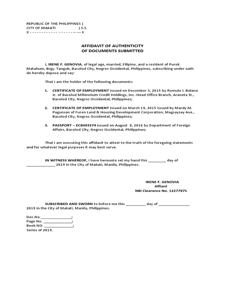 Affidavit of Authenticity of Documents Submitted | PDF
