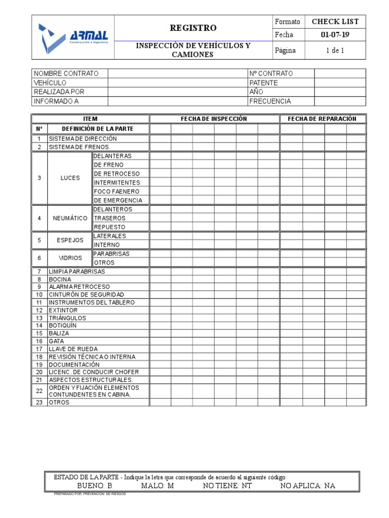 Checklist de inspección de vehículos y camiones | PDF | Vehículo de ...