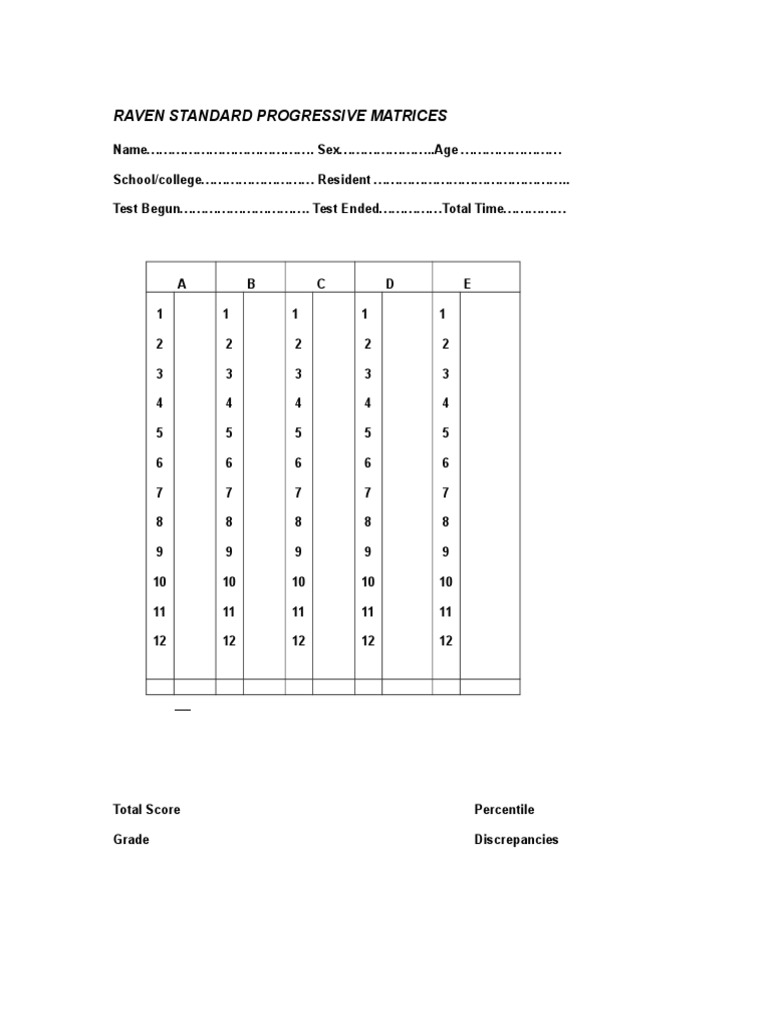 Raven Standard Progressive Matrices Test Sheet | PDF