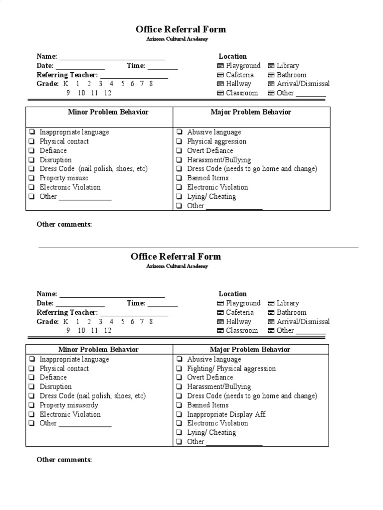 Office Referral Form: Name: Date: Time: Referring Teacher: Grade | PDF ...