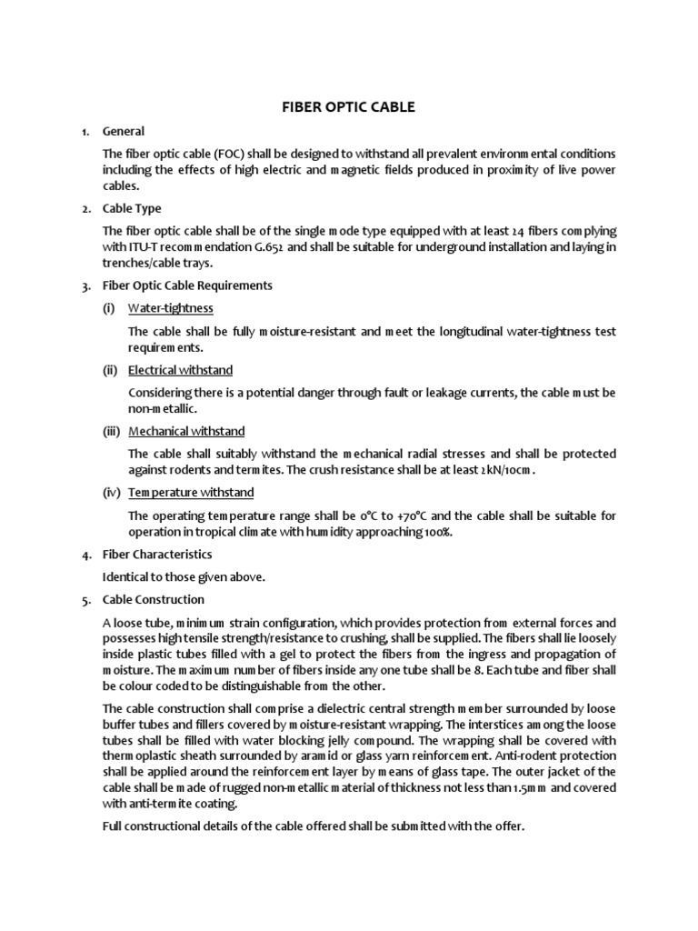 FIBER OPTIC CABLE - Technical Specifications | PDF | Optical Fiber ...