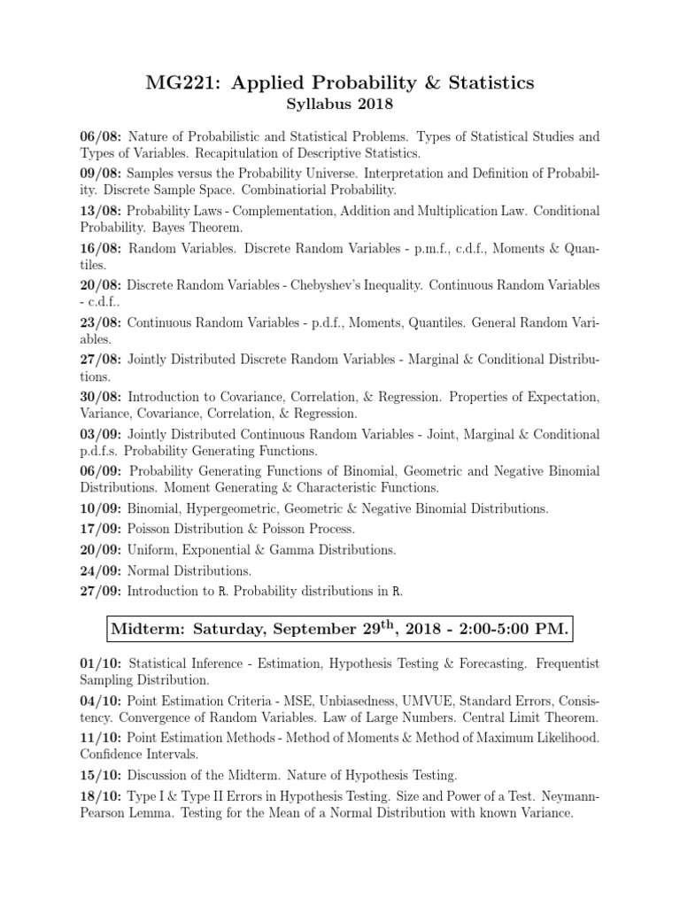 MG221: Applied Probability & Statistics: Syllabus 2018 | PDF ...