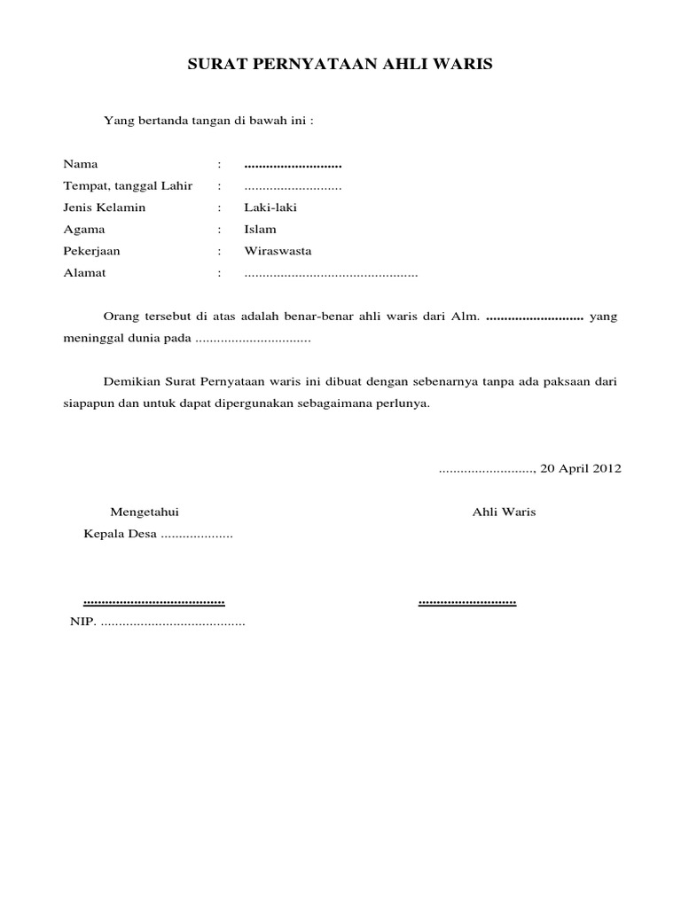 Surat Pernyataan Ahli Waris | PDF