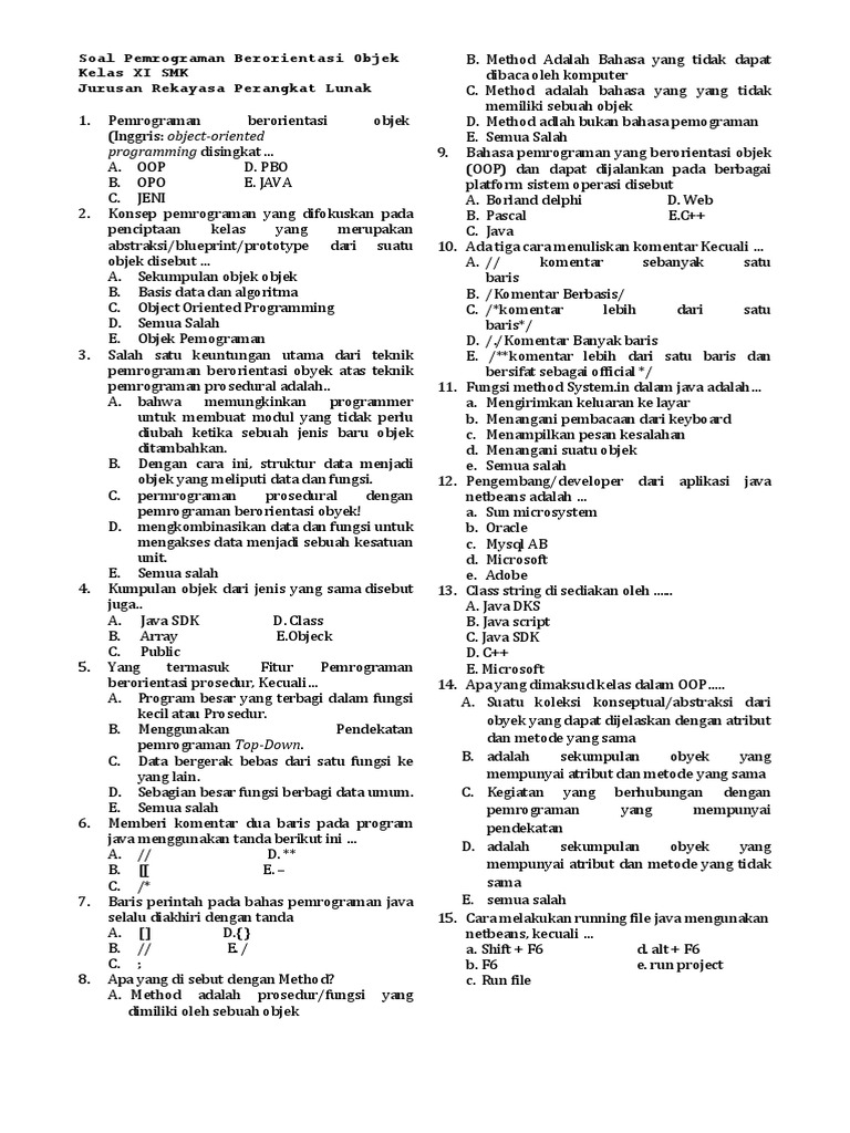 KD Soal Pilihan Ganda Pemrograman Berorientasi Objek | PDF | Seni | Teknologi & Rekayasa